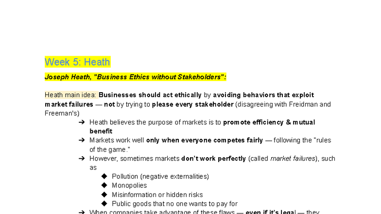 Week 5: Business Ethics Notes on Heath, Friedman, and Freeman - Studocu