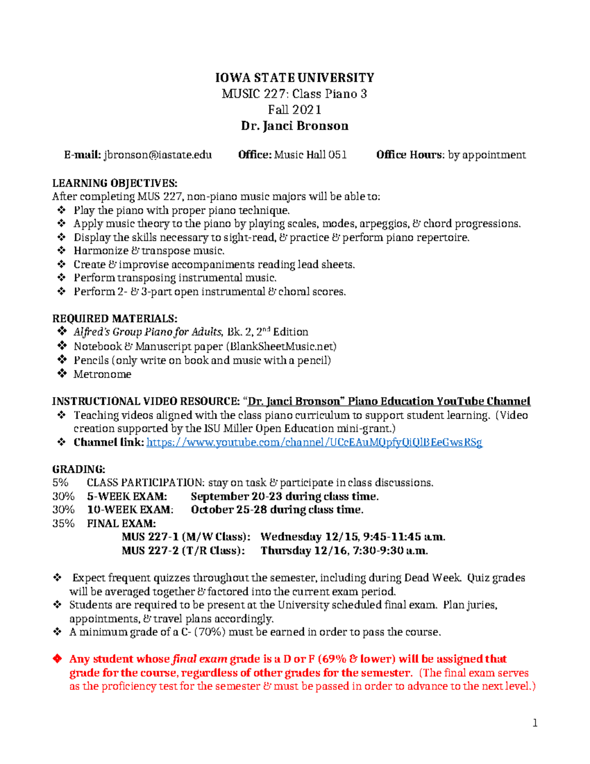 F21 Syllabus: MUS 227 Class Piano 3 - Dr. Janci Bronson - Studocu