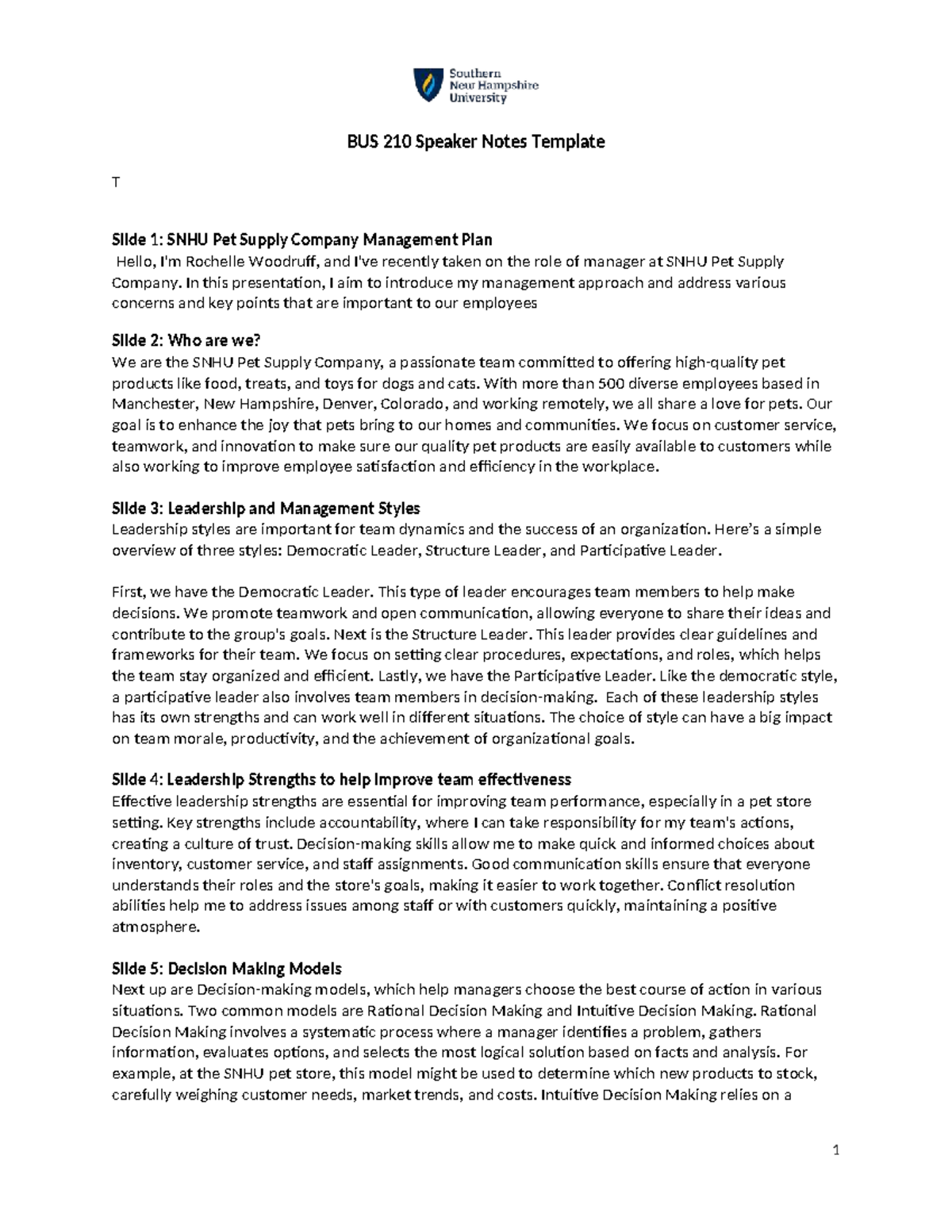 BUS 210 Management Plan Presentation: SNHU Pet Supply Company - Studocu