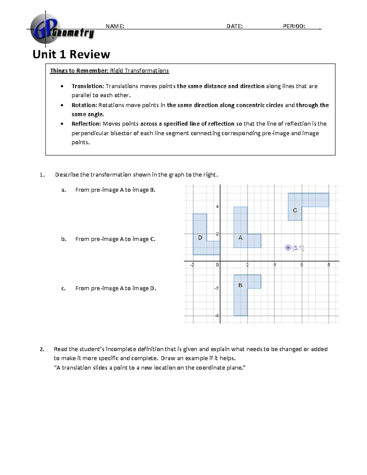 Unit 1 Review: Rigid Transformations Study Guide - Studocu