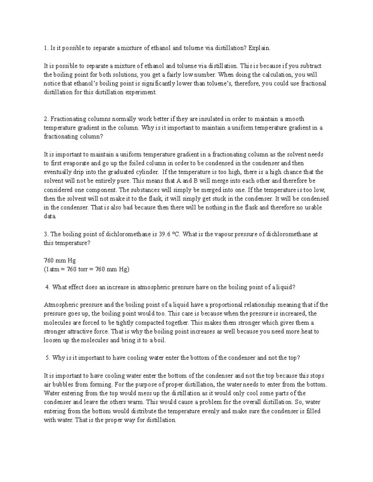 Distillation Questions: Ethanol & Toluene Separation Analysis - Studocu
