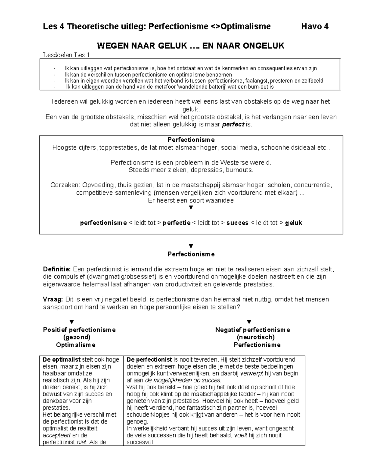Les 4 Theorie: Perfectionisme en Geluk - Havo 4 Lesdoelen - Studeersnel