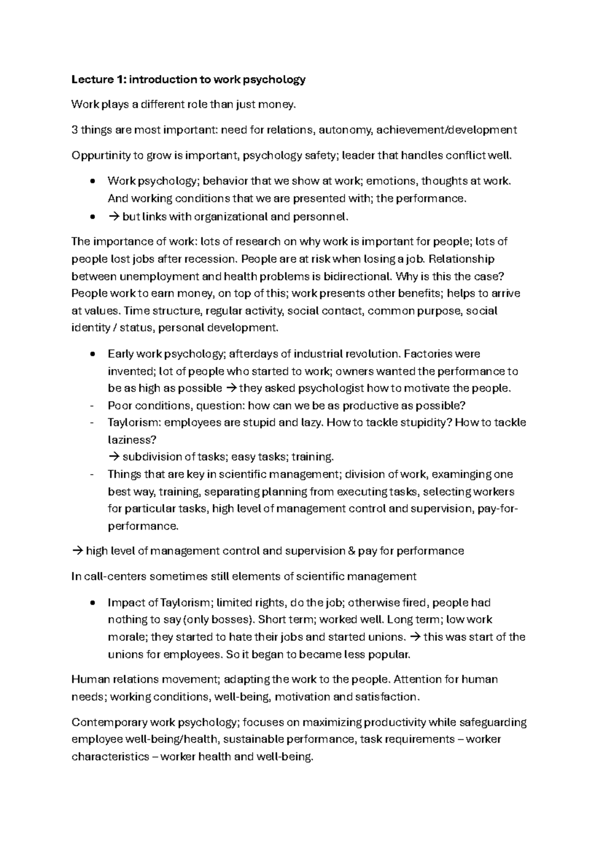 Work Psychology Lectures 2025: Key Concepts and Insights - Studeersnel