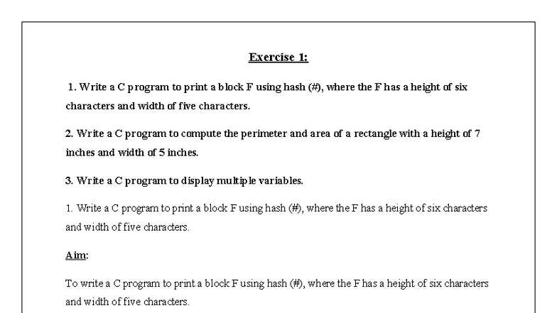 C Lab Experiment 1: C Programs for Shapes and Variables - Studocu
