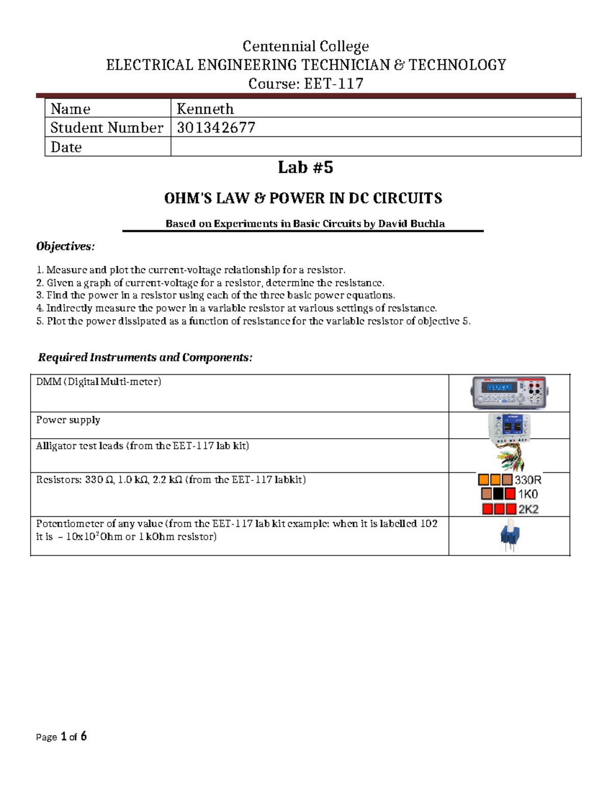 Lab 5 - Ohm’s Law & Power in DC Circuits (EET-117) - Studocu
