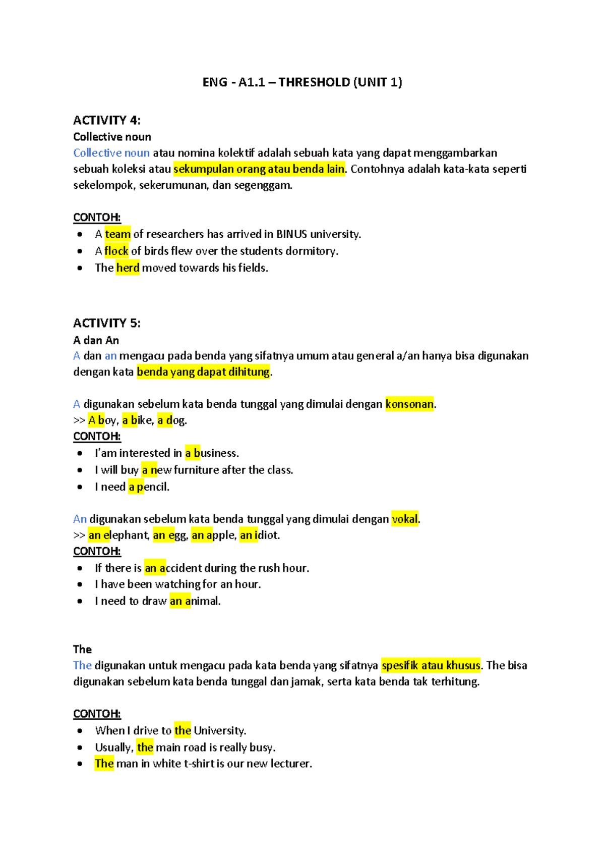 Beelingua ENG A1.1 - THRESHOLD (UNIT 1) Activities Overview - Studocu