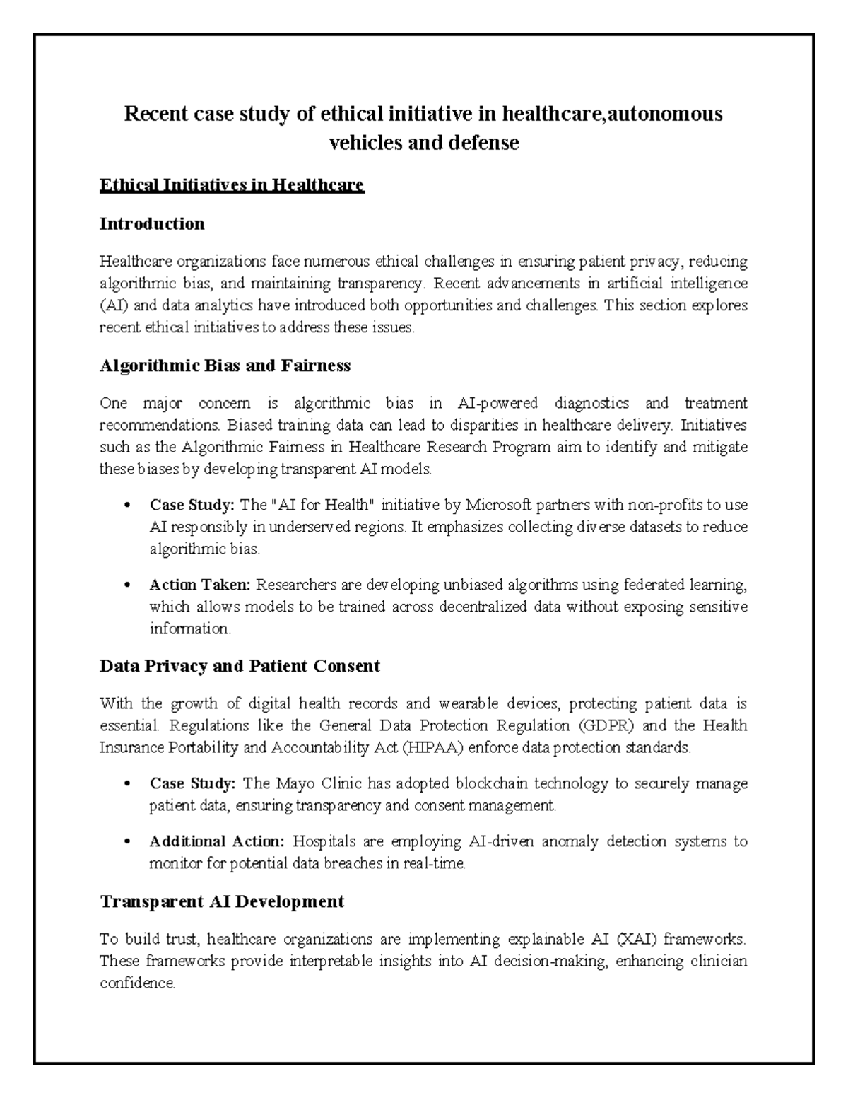 Ethical Initiatives in Healthcare, AVs & Defense: A Case Study Analysis ...