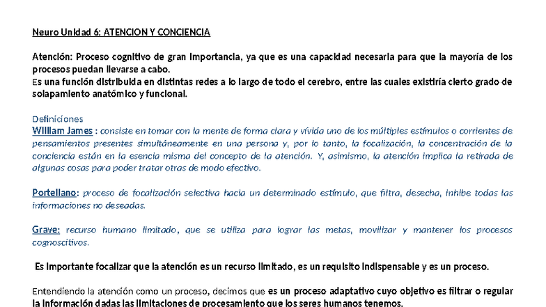 Neuro Unidad 6: Atención y Conciencia - Procesos Cognitivos Clave - Studocu