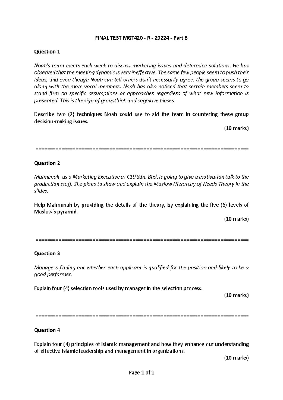Final TEST MCQ MGT420 Question - NAME: STUDENT ID: FINAL TEST (30%) MGT ...