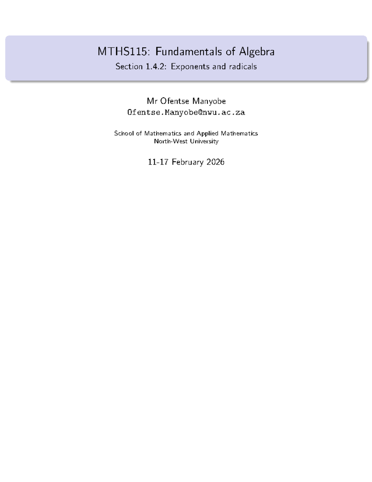 MTHS115: Exponents and Radicals Lecture Notes - Studocu