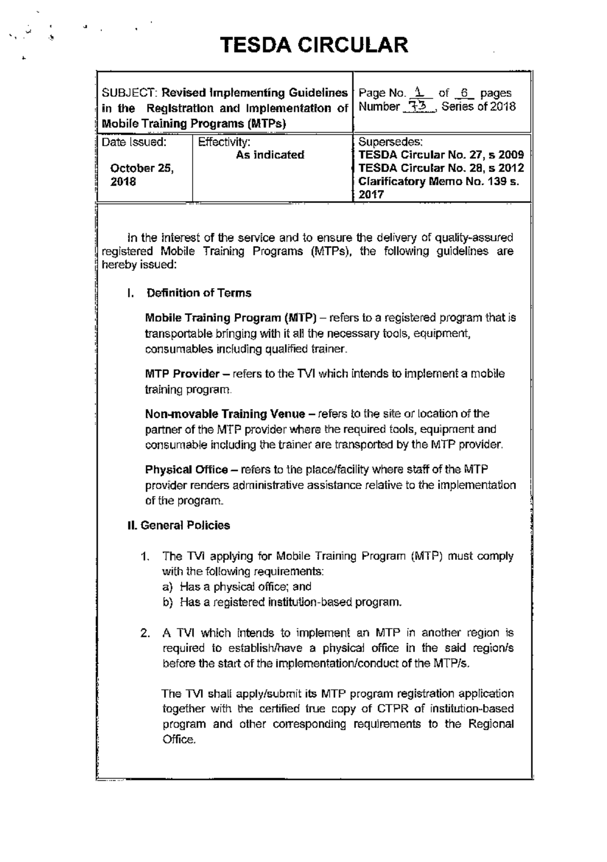 TESDA Circular No. 073-2018: Revised Guidelines for Mobile Training ...