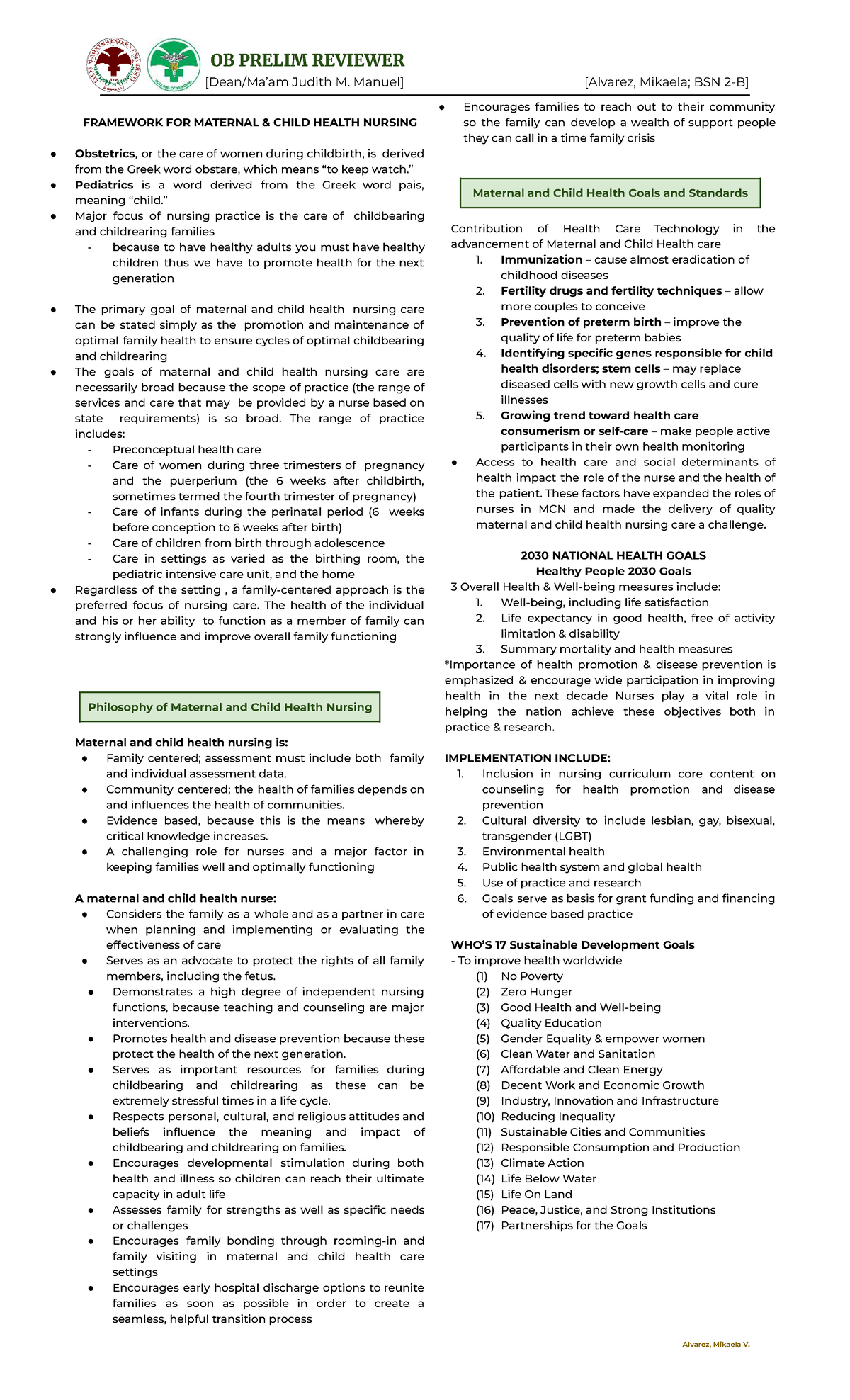 OB BSN 2 1st Semester Prelim Reviewer: Maternal & Child Health Nursing ...