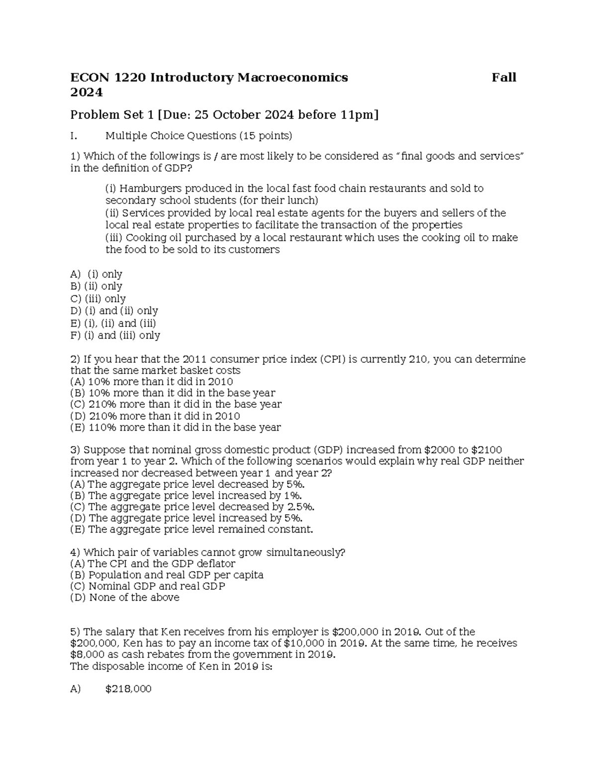 ECON 1220 Fall 2024 Introductory Macroeconomics Problem Set 1 - Studocu
