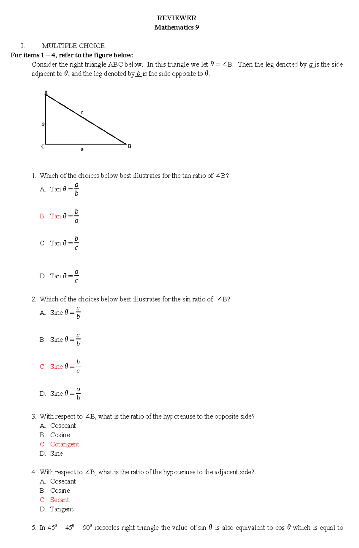 Math 9 Prelims Q4 - Multiple Choice Review for Final Exam - Studocu