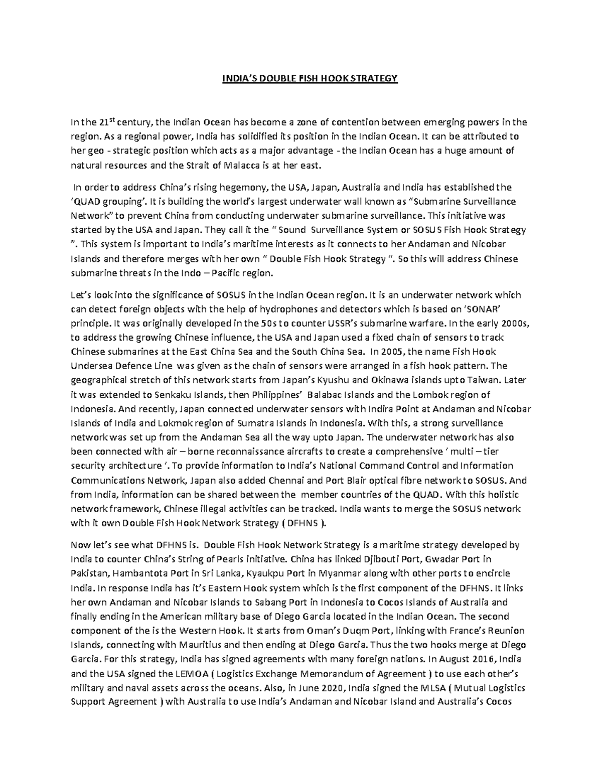 Double Fish Hook Strategy of India ( Writing Sample ) - INDIA’S DOUBLE ...
