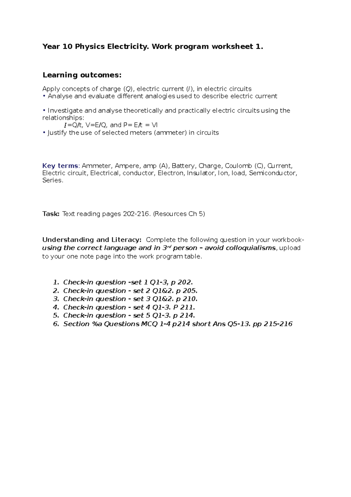 Year 10 Physics: Electricity Work Program Worksheet 1 - Studocu