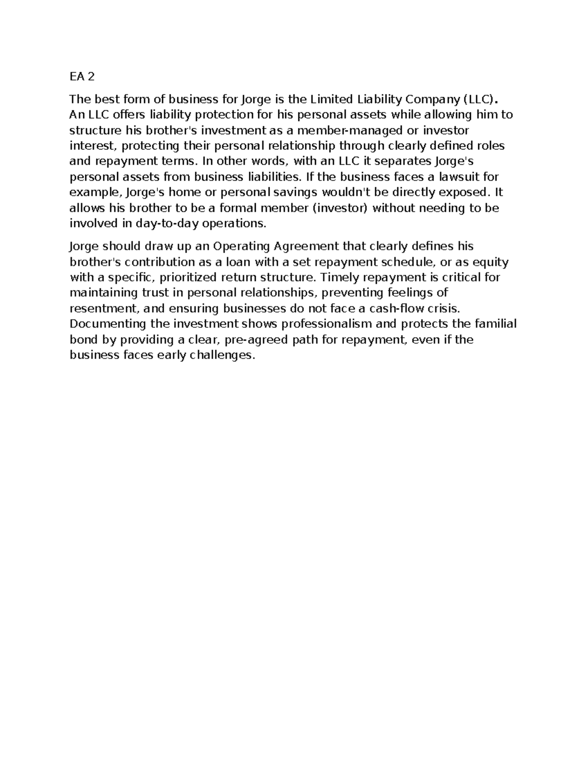 EA 2 - LLC Benefits for Jorge: Protecting Assets & Relationships - Studocu