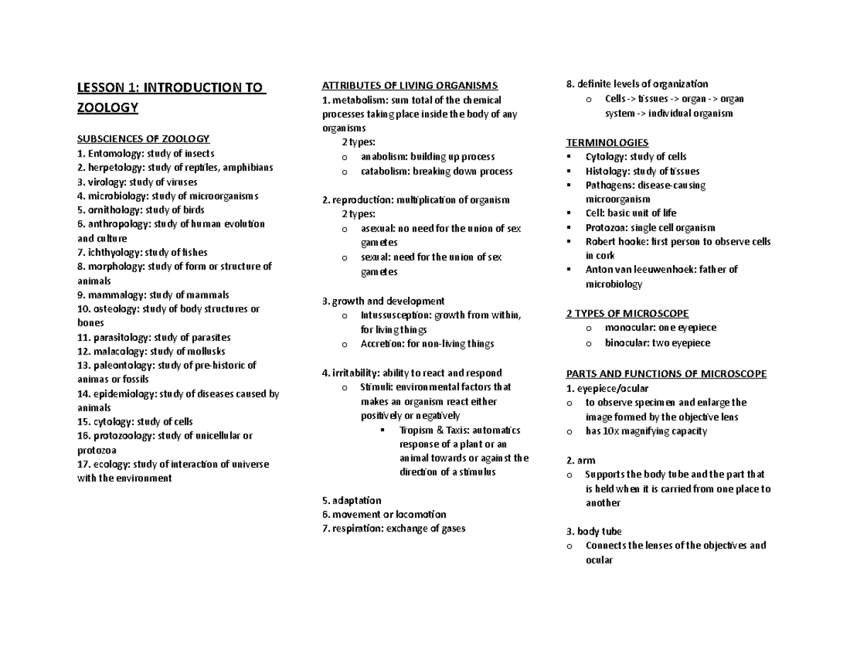 Zoology 101 - Introduction to Zoology: Subfields & Key Concepts - Studocu