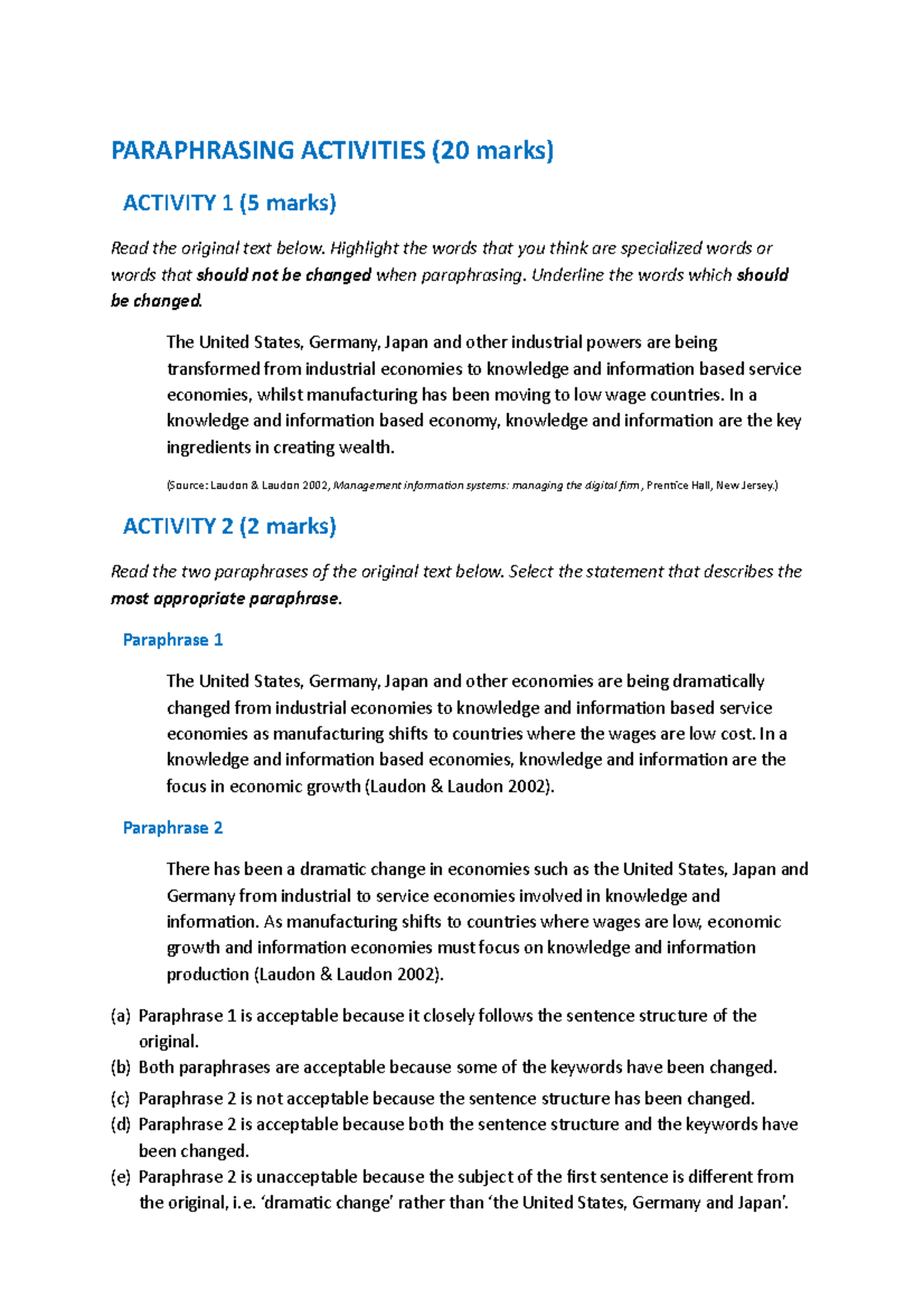 [Exercise] Paraphrasing Activities for Students - Studocu