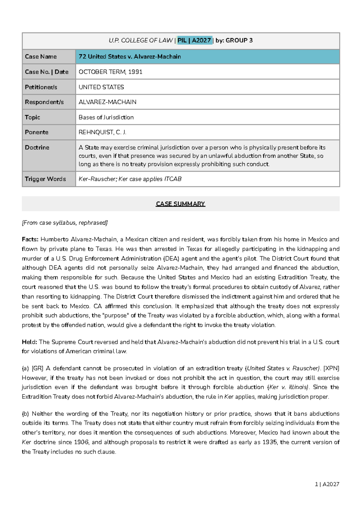 [PIL A2027] Case Summary: United States v. Alvarez-Machain (1991) - Studocu