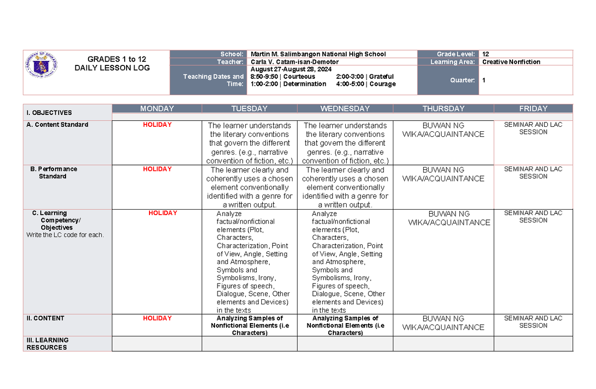 DLL Q1 W4 - Creative Nonfiction Daily Lesson Log (Grade 12) - Studocu