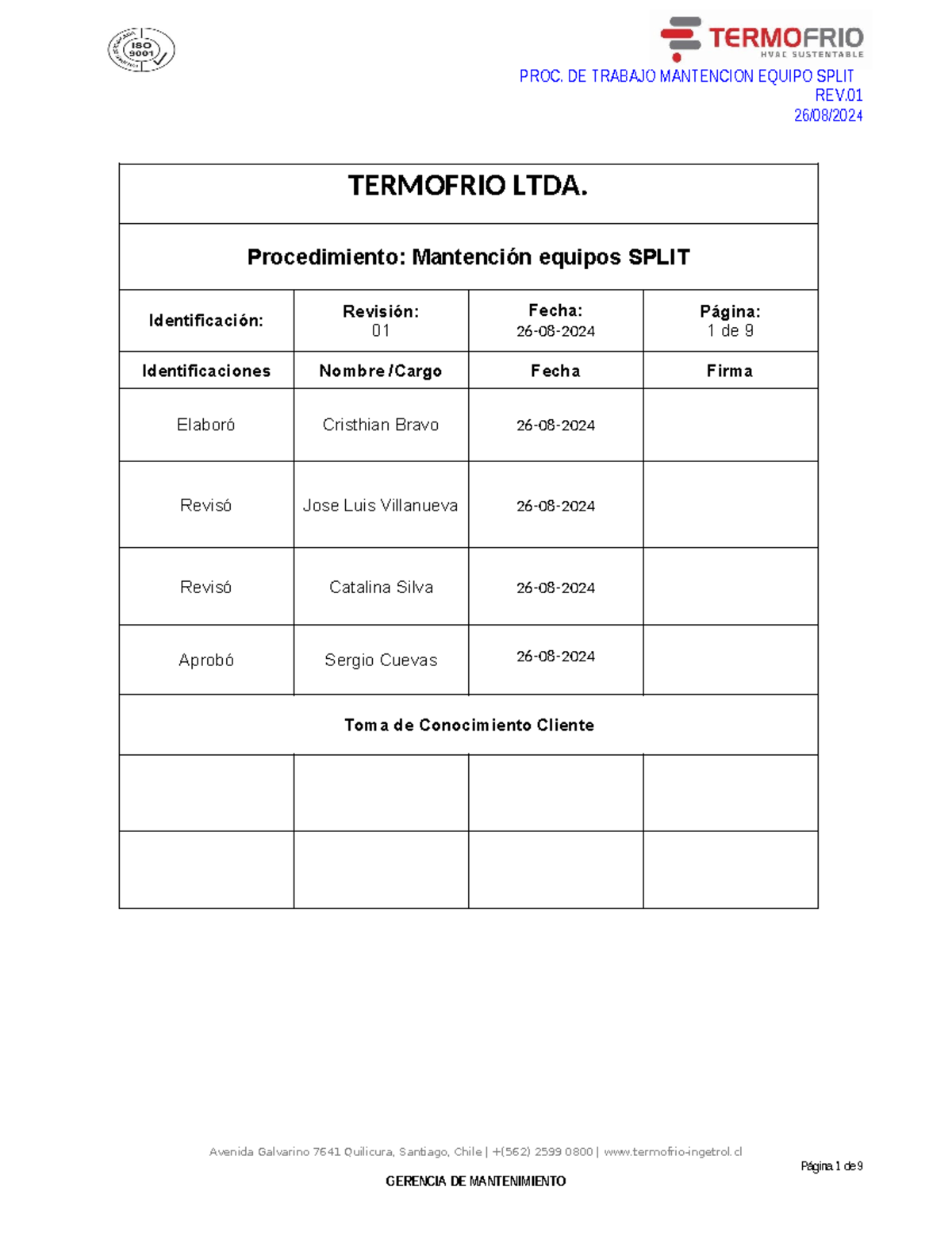Procedimiento de Mantenimiento de Equipos SPLIT PTS-004 Rev. 01 - Studocu