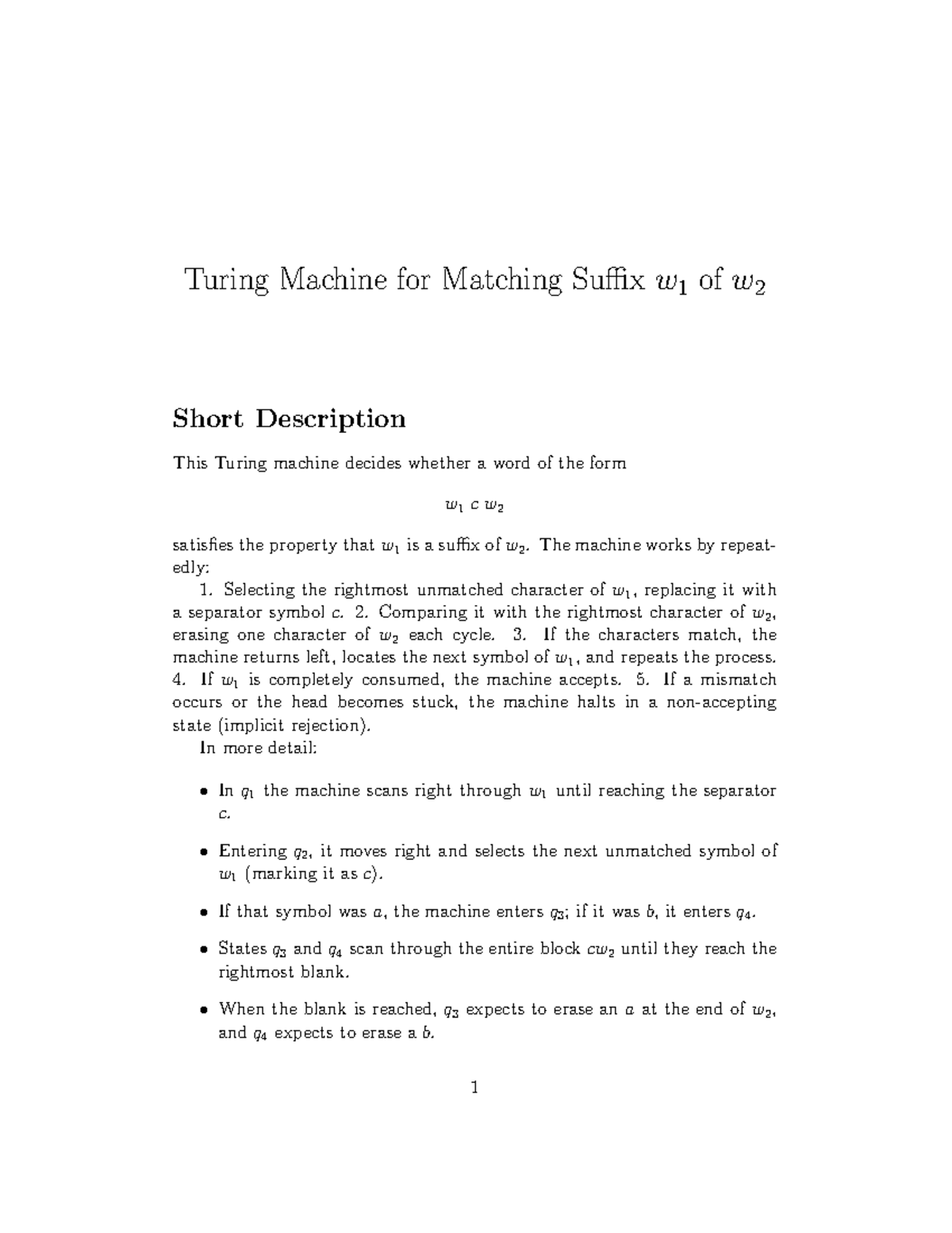 COMP335 Turing Machine Analysis for Suffix Matching and Function f(1^n ...