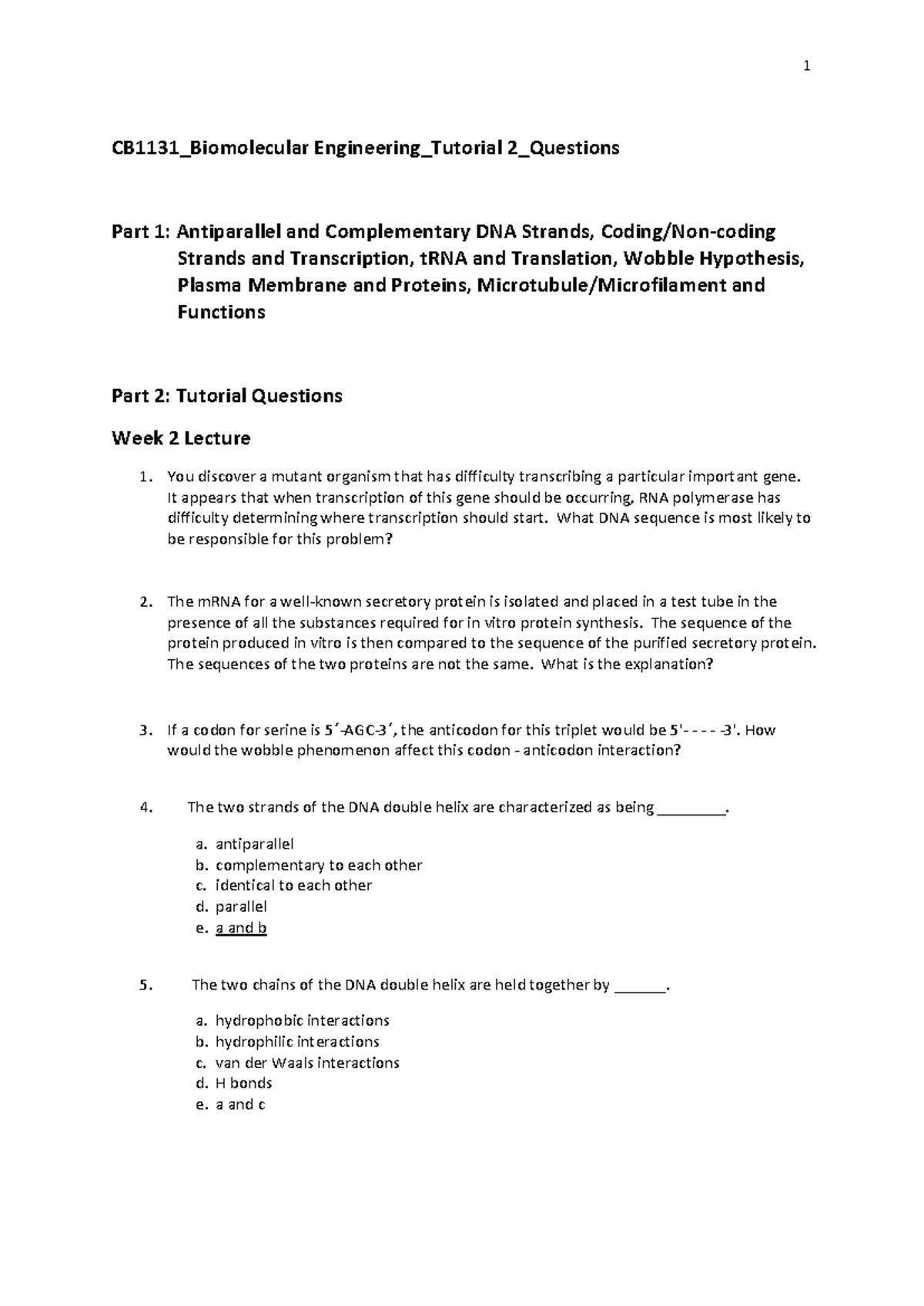 CB1131_Biomolecular Engineering_Tutorial 2_Questions on DNA and Protein - Studocu