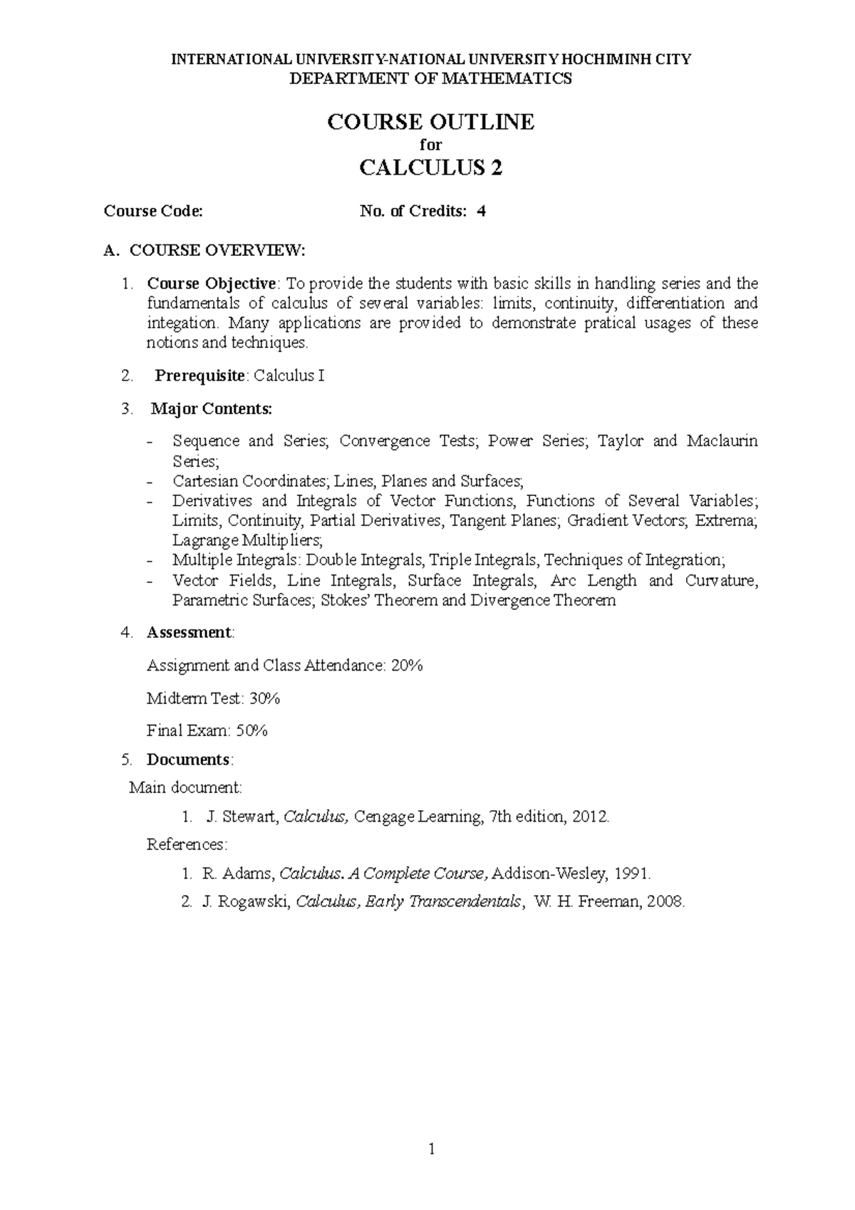 Syllabus Calculus 2 - sss - INTERNATIONAL UNIVERSITY-NATIONAL ...