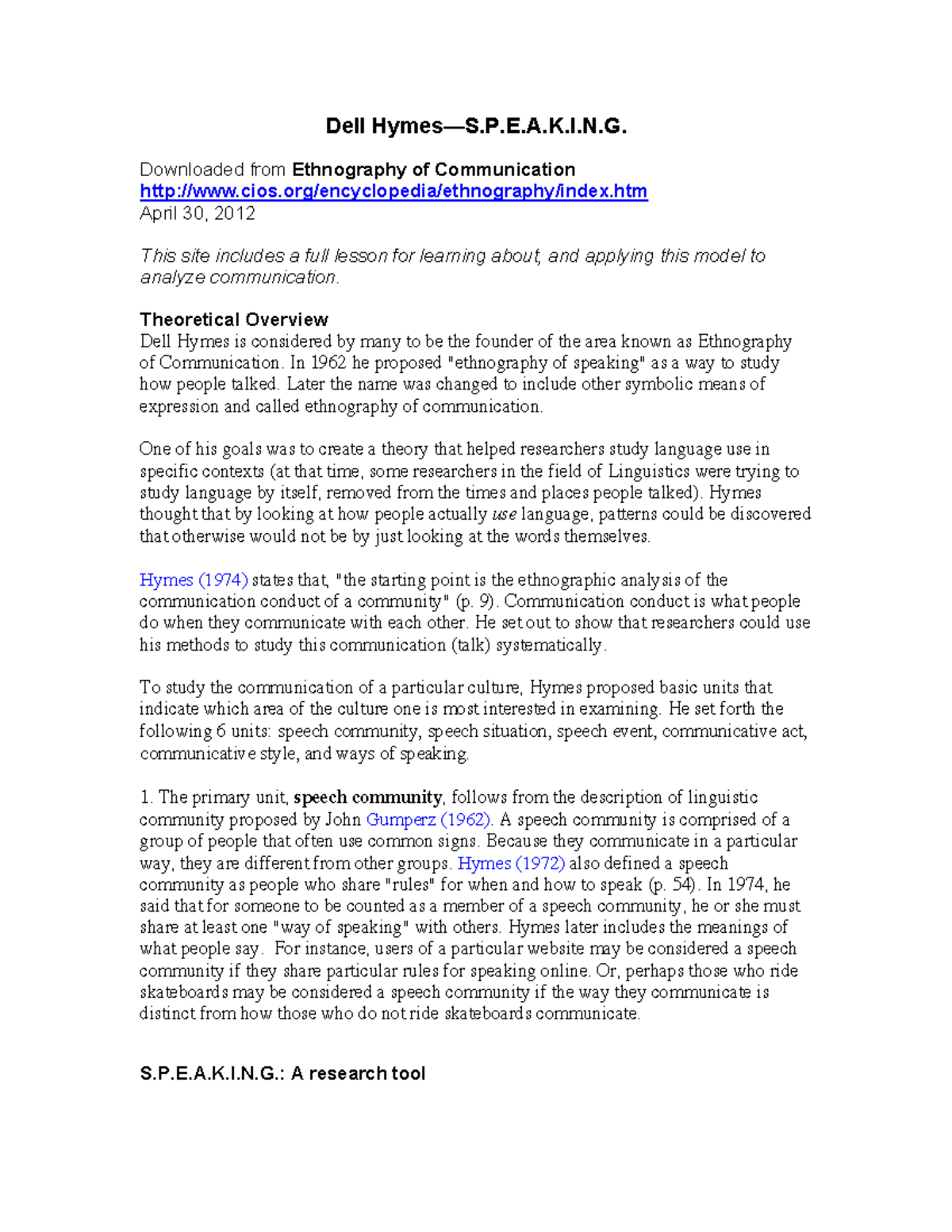Dell Hymes - S.P.E.A.K.I.N. Framework for Ethnography of Communication ...