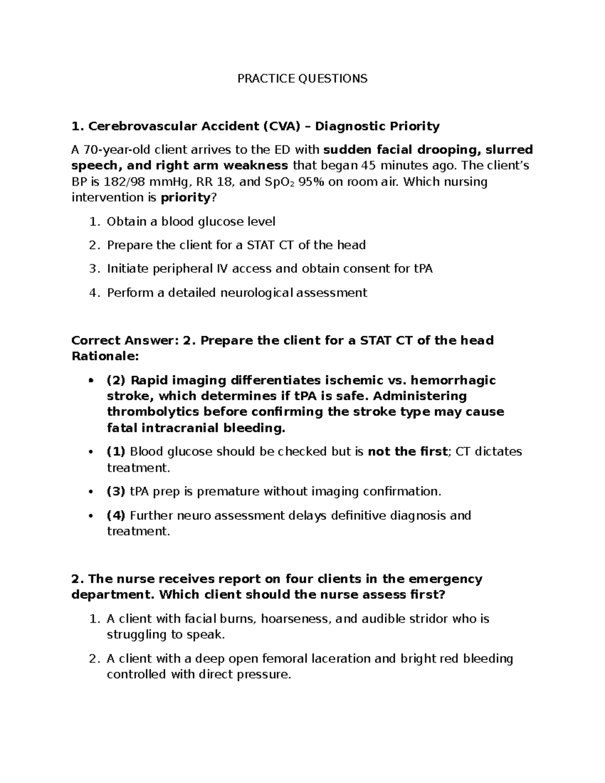 CVA & Emergency Nursing Priorities: Practice Questions 1 - Studocu