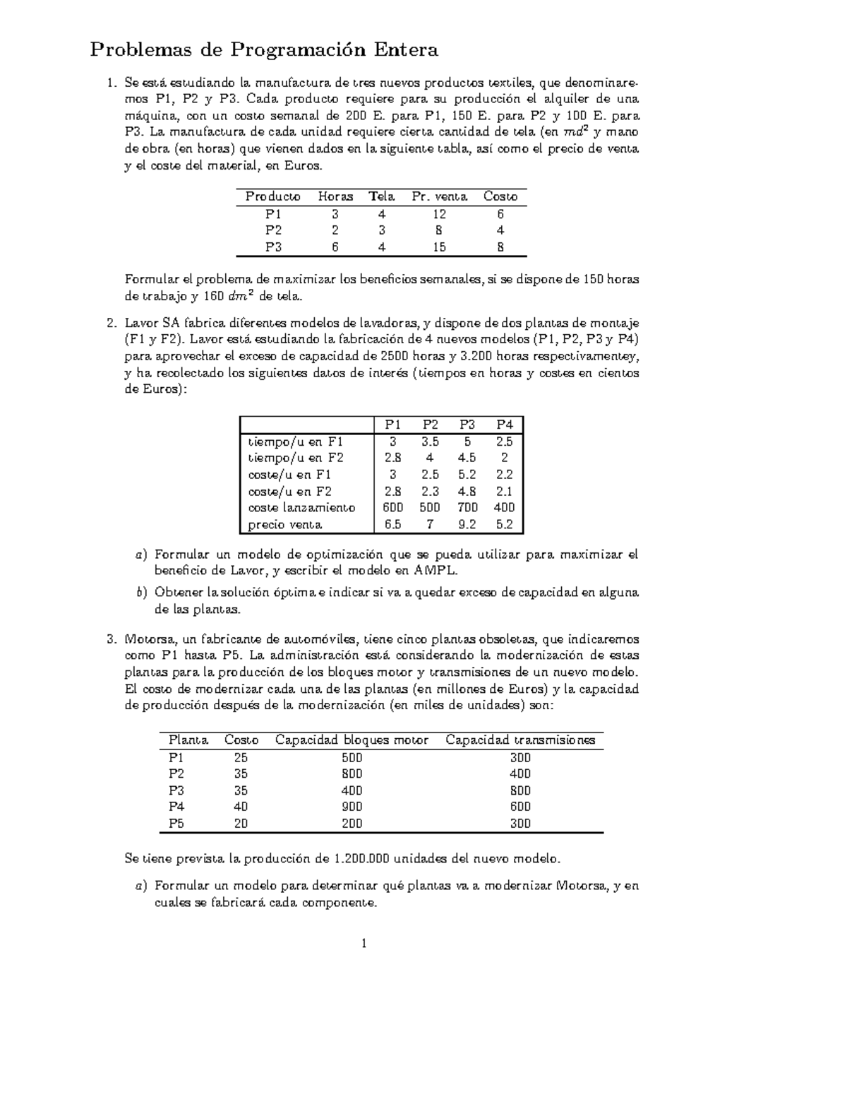 1.- Ejercicios Programacion Entera - Problemas de Programaci ́on Entera Se est ́a estudiando la ...