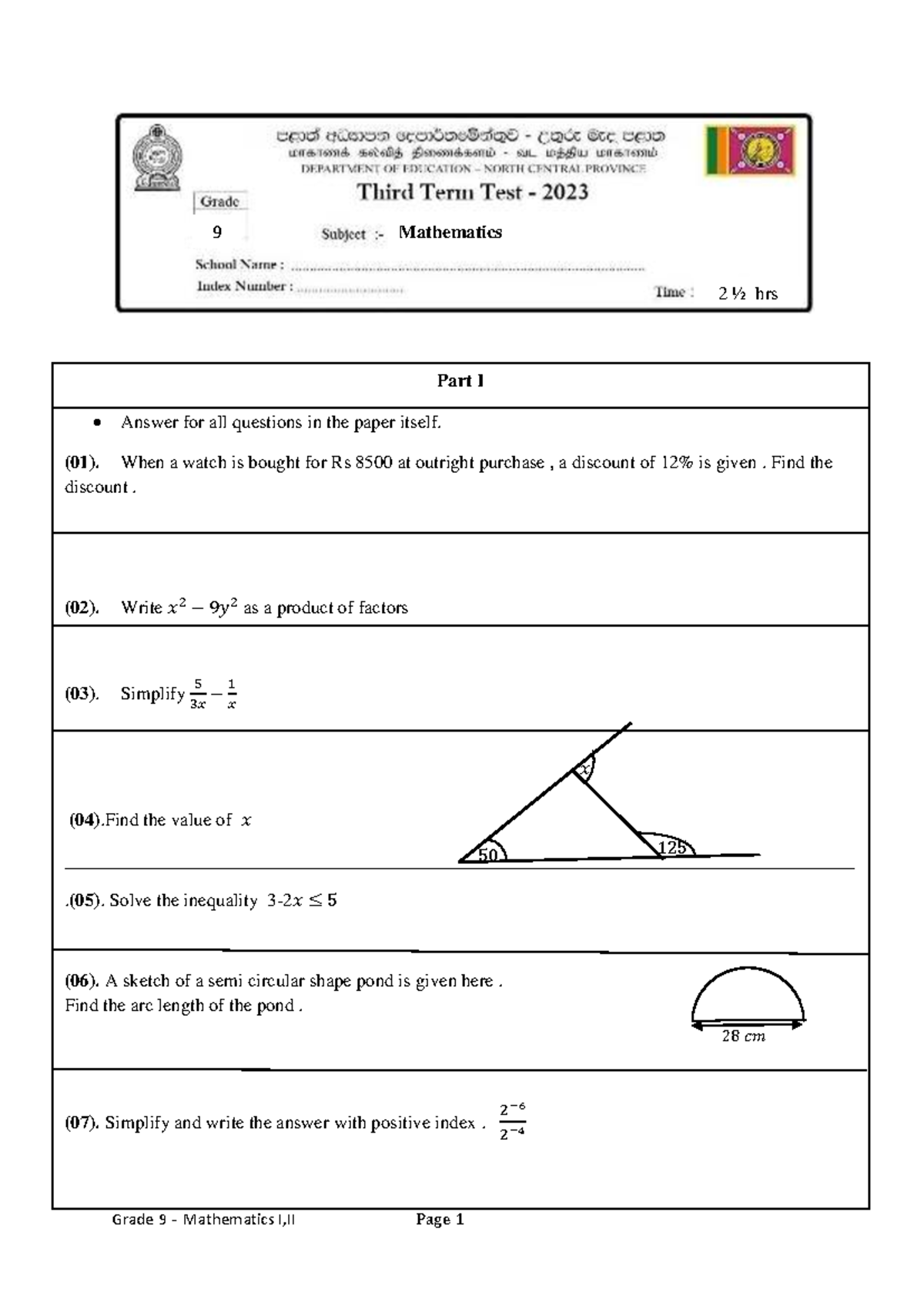 Grade 9 Mathematics Exam Questions & Solutions (Part I) - Studocu