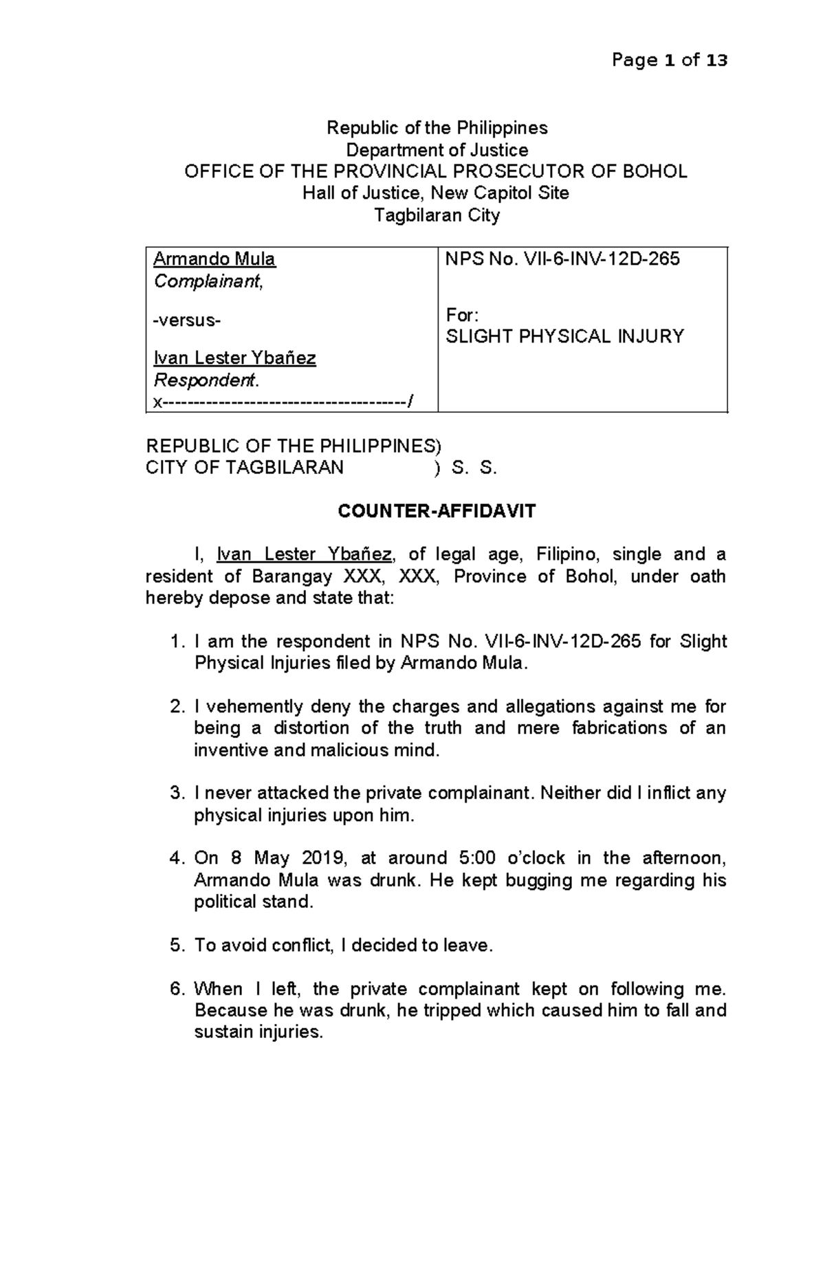 CRIM CASE- Counter-Affidavit for SLIGHT PHYSICAL INJURY NPS No. - Studocu