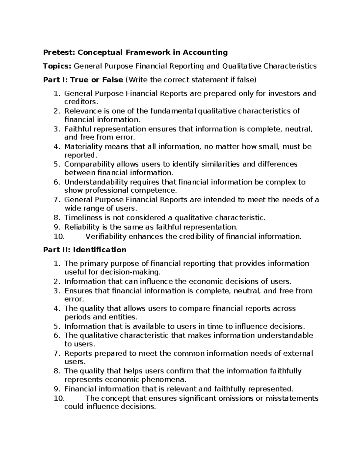 Pretest: Conceptual Framework in Accounting (ACCT 101) - Studocu