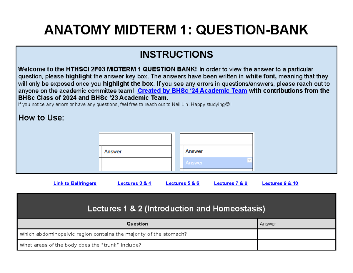 HTHSCI 2F03 Midterm 1 Anatomy Question Bank: Study Guide - Studocu