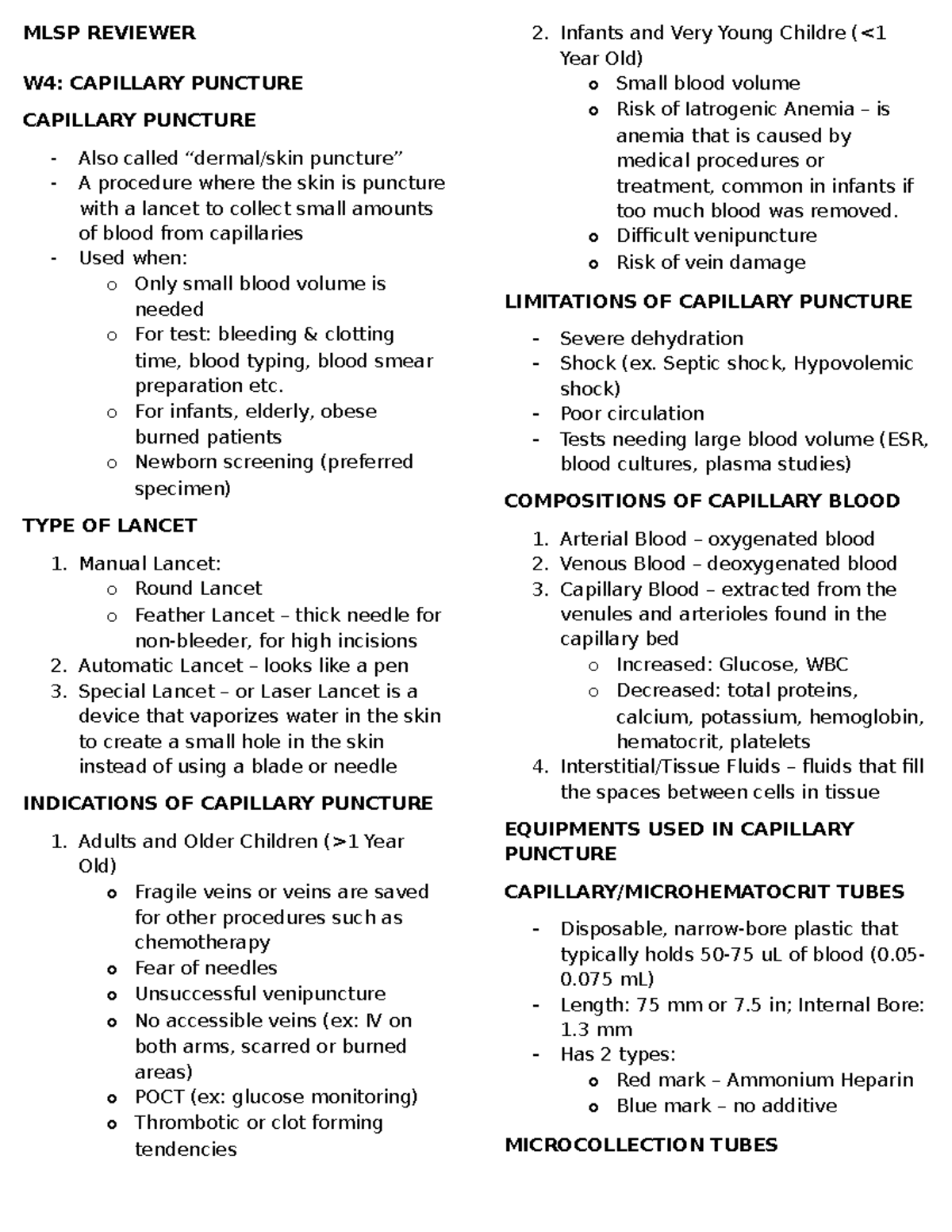 MLSP REVIEWER W4: CAPILLARY PUNCTURE PROCEDURES AND INDICATIONS - Studocu