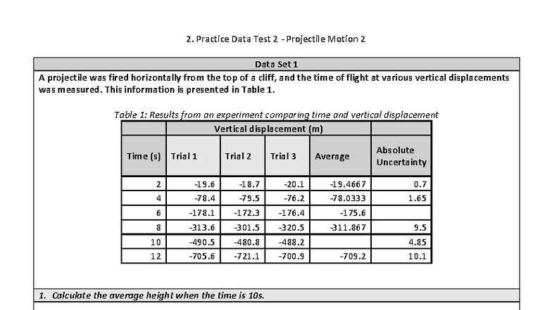 2. Practice Data Test 2 - Projectile Motion 2 - Data Set 1 A projectile ...