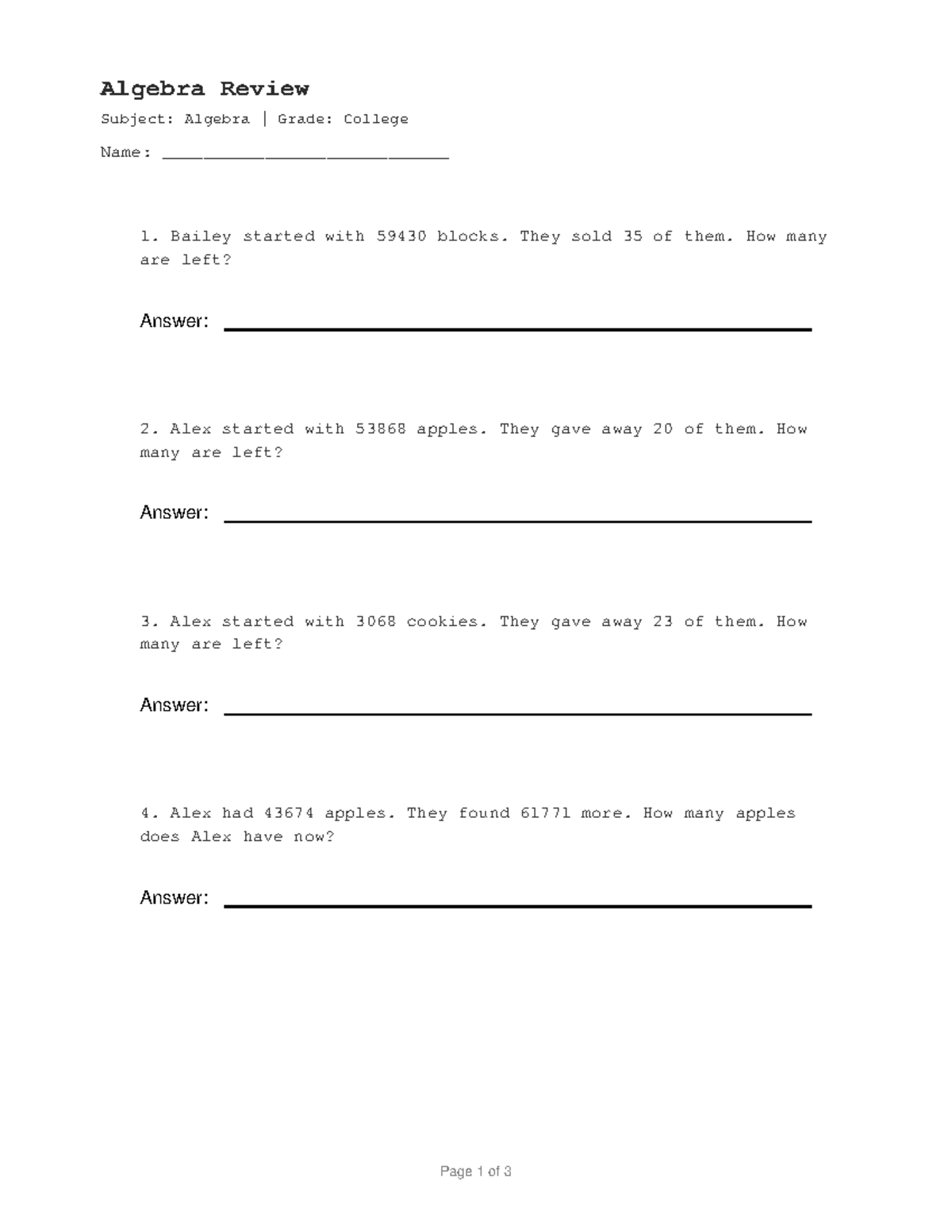 Algebra Review - College Level Exercises and Solutions - Studocu