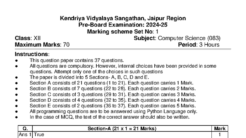 MS Jaipur PB 1 SET 1 - Computer Science Exam Marking Scheme Class XII ...