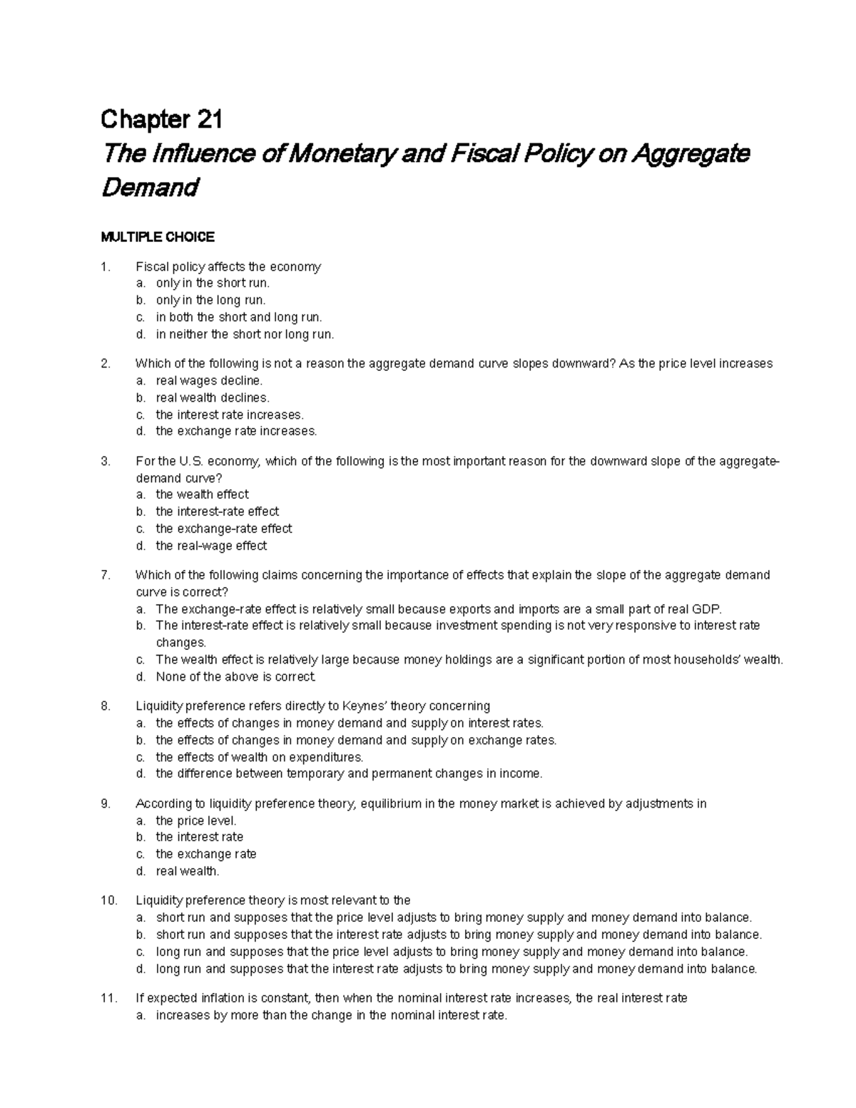 Macroeconomics Practice Tests chap 21 - Chapter 21 The Influence of ...
