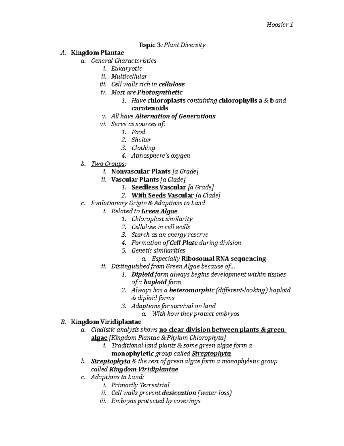 BIOL 1030 Plant Diversity I Lecture Notes on Kingdom Plantae - Studocu