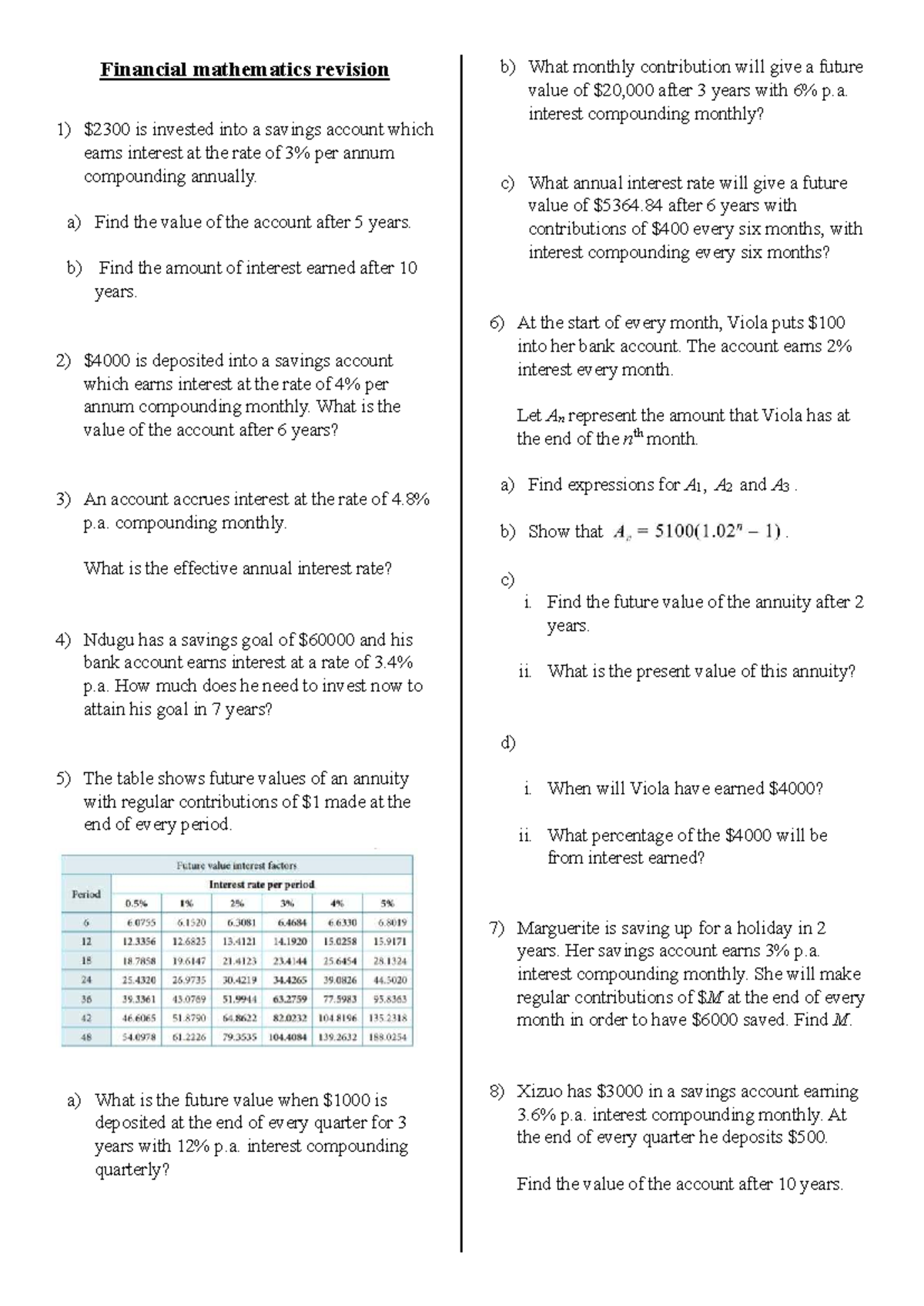 Financial Mathematics Revision Worksheet: Key Concepts & Problems - Studocu
