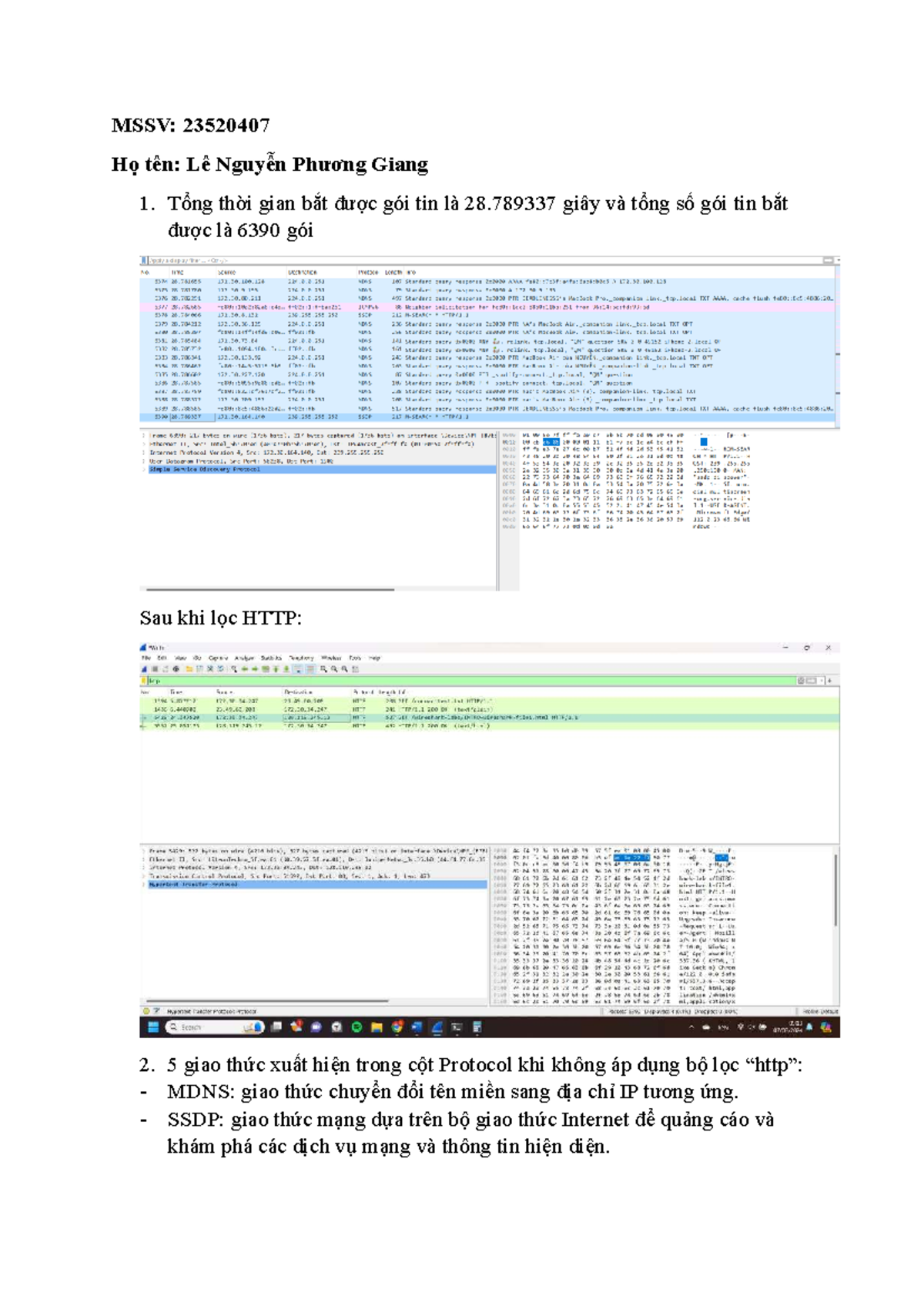 MSSV: 23520407 Bài 1 - Phân Tích Gói Tin Mạng Bằng Wireshark - Studocu