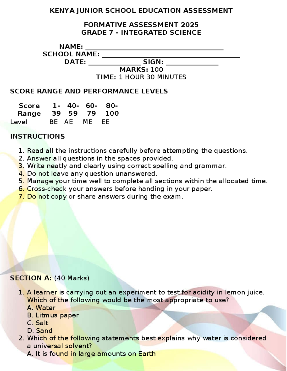 G7 Integrated Science Formative Assessment 2025 - PP1 Summary - Studocu