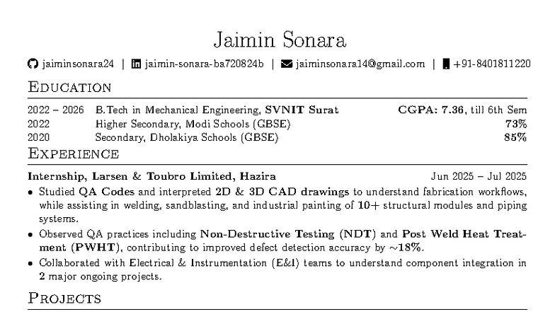 Resume of Jaimin Sonara - B.Tech Mechanical Engineering U22ME163 - Studocu