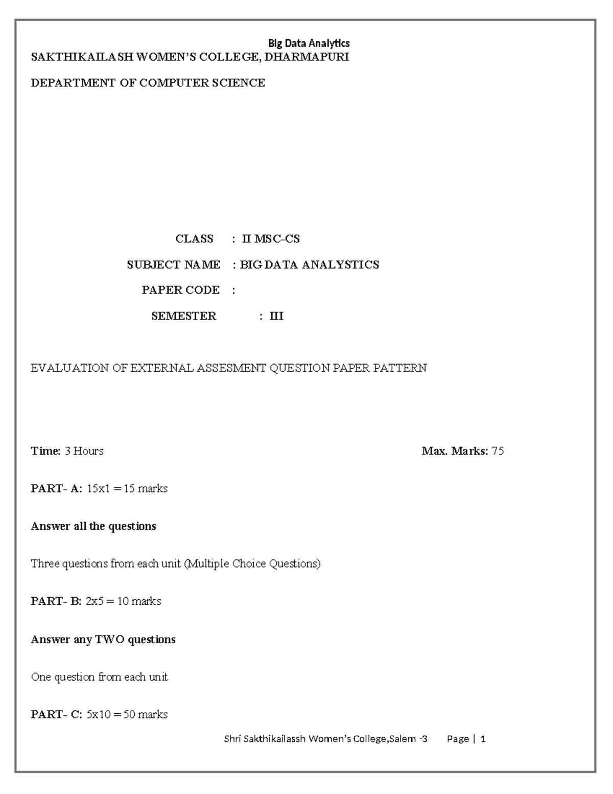 BIG DATA ANALYTICS III SEMESTER: EVALUATION & COURSE OVERVIEW - Studocu