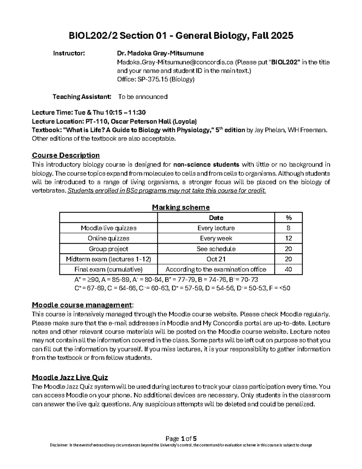 BIOL202 Fall 2025 General Biology Course Outline and Schedule - Studocu
