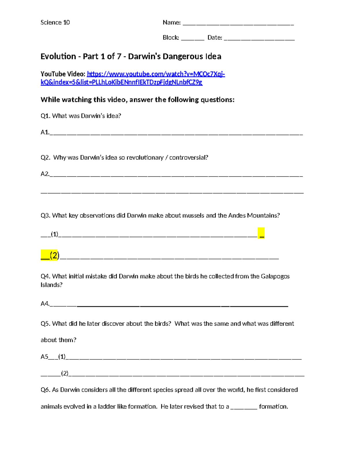 Science 10: Evolution Video Discussion Questions (Part 1 of 7) - Studocu