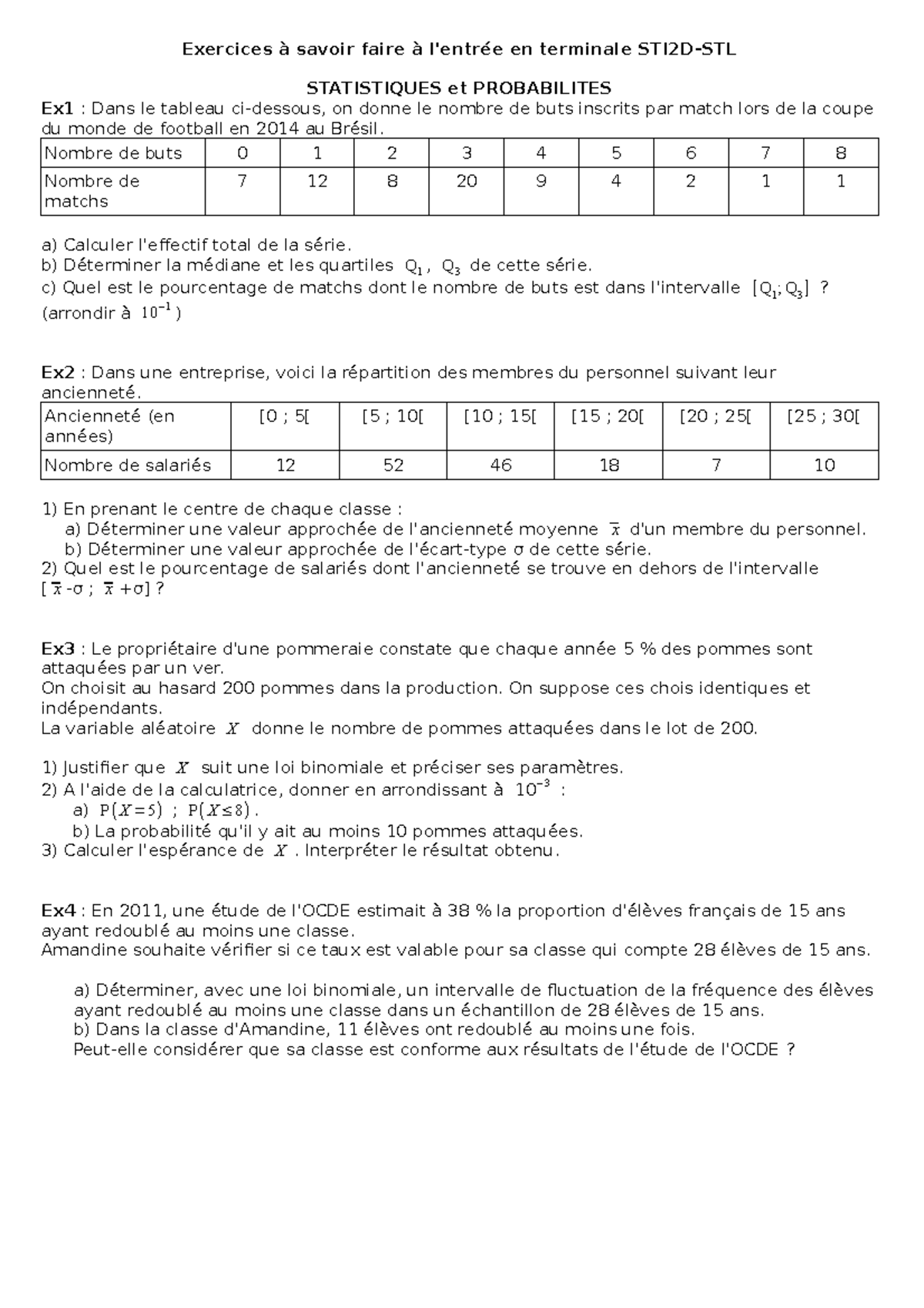 Exercice statisique - Exercices à savoir faire à l'entrée en terminale ...